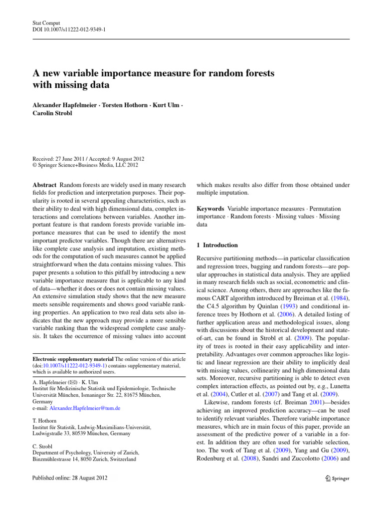 A New Variable Importance Measure for Random Forests With Missing Data;Hapfelmeir,;Statistics ...