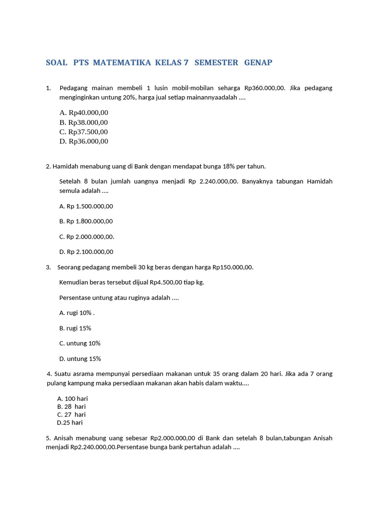 Soal PTS Matematika Kelas 7 Semester Genap | PDF