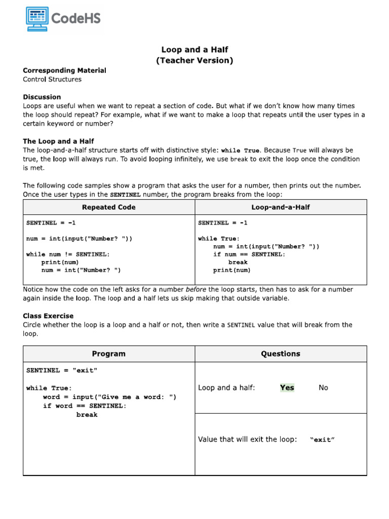 Loop and A Half Answer Key | PDF