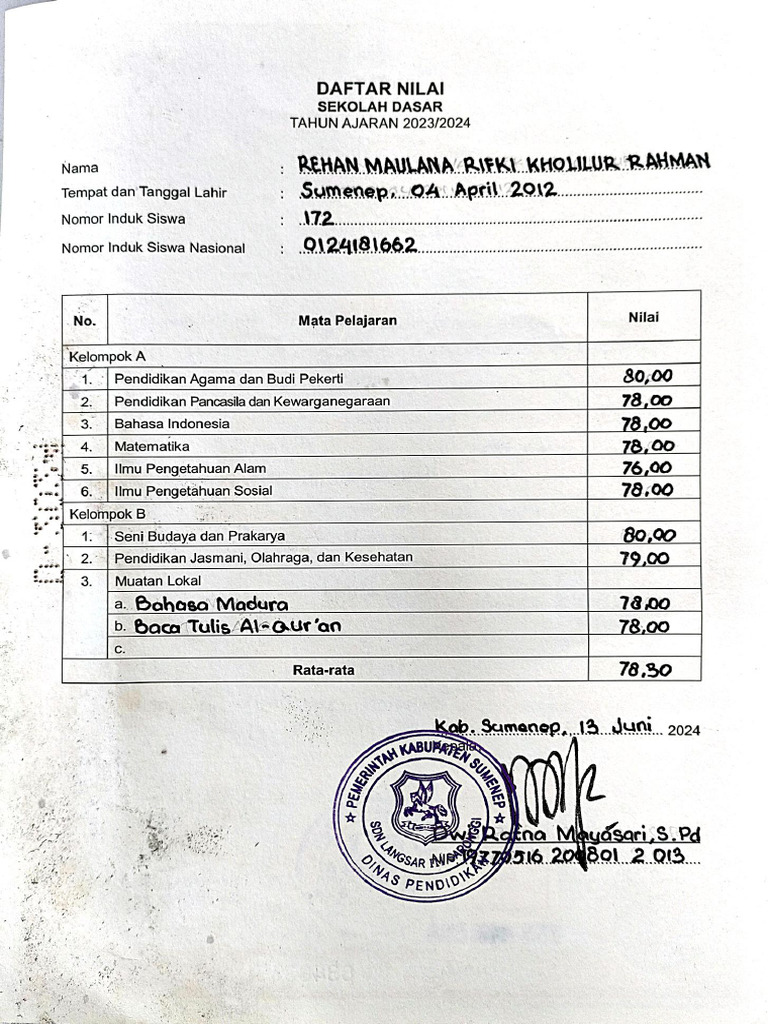 Nilai Ijazah Rehan Rifki | PDF