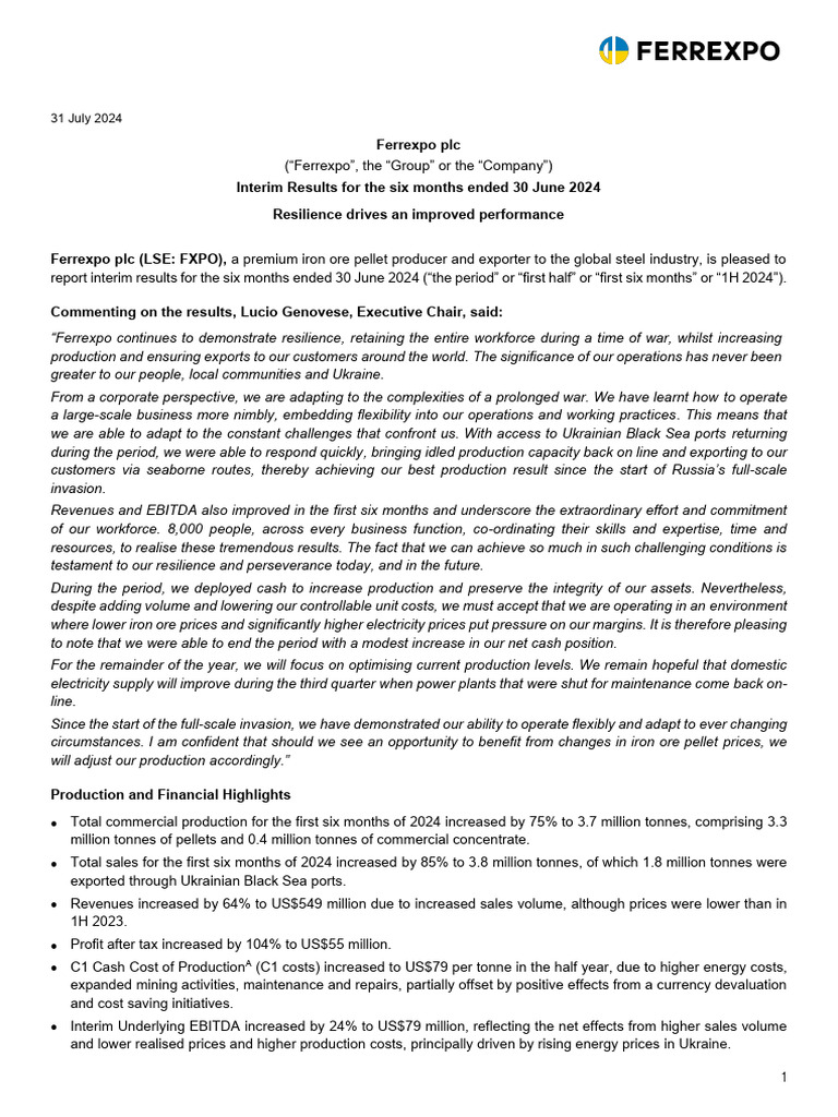 Ferrexpo 2024 Interim Results | PDF | Taxes | Expense