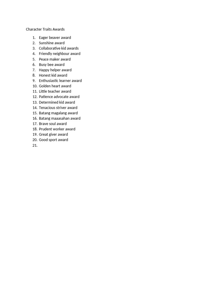 Character Traits Awards for Kids | PDF