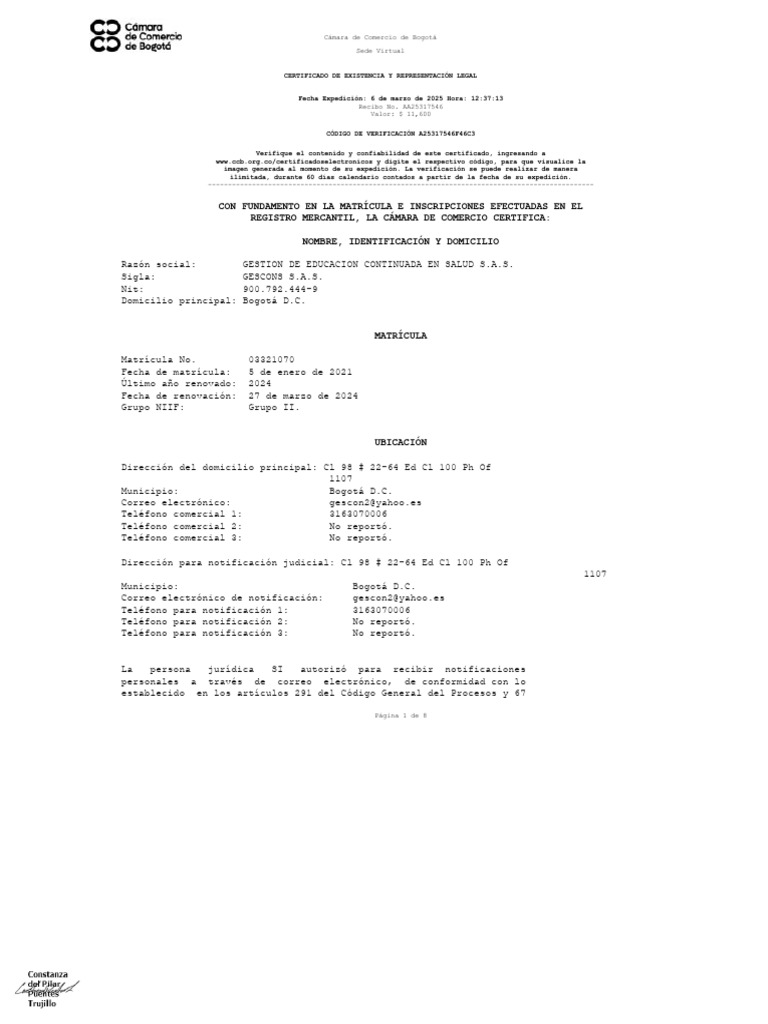 Gescons Sas | PDF | Sociedad de responsabilidad limitada | Bancos