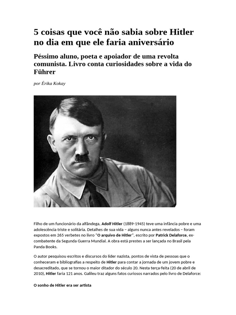 Curiosidades sobre Hitler Reveladas | PDF | Adolf Hitler | Batalhão