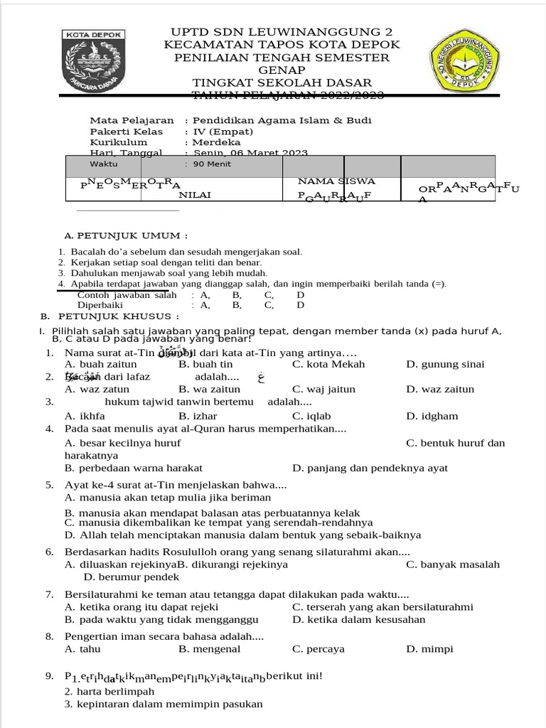 PDF Soal Pts Pai Kelas 4 Kurmer | PDF