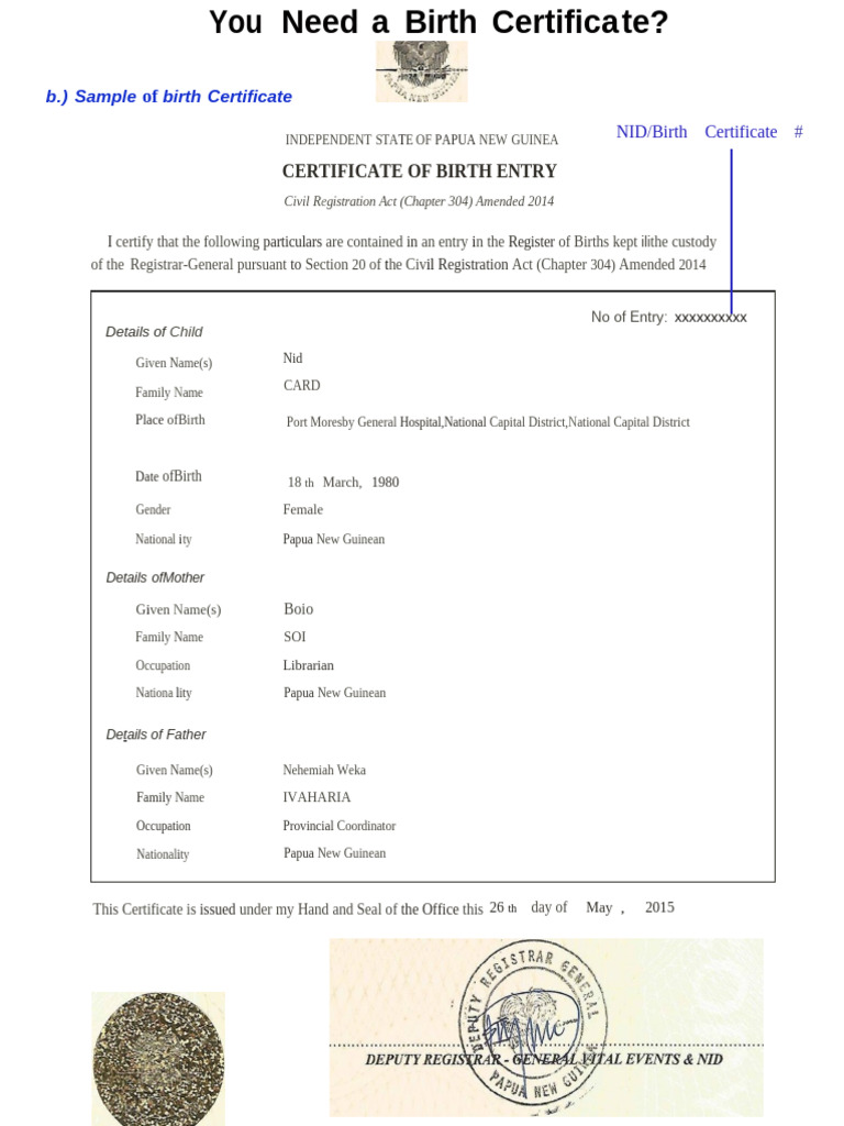 Papua New Guinea Birth Certificate Sample | PDF