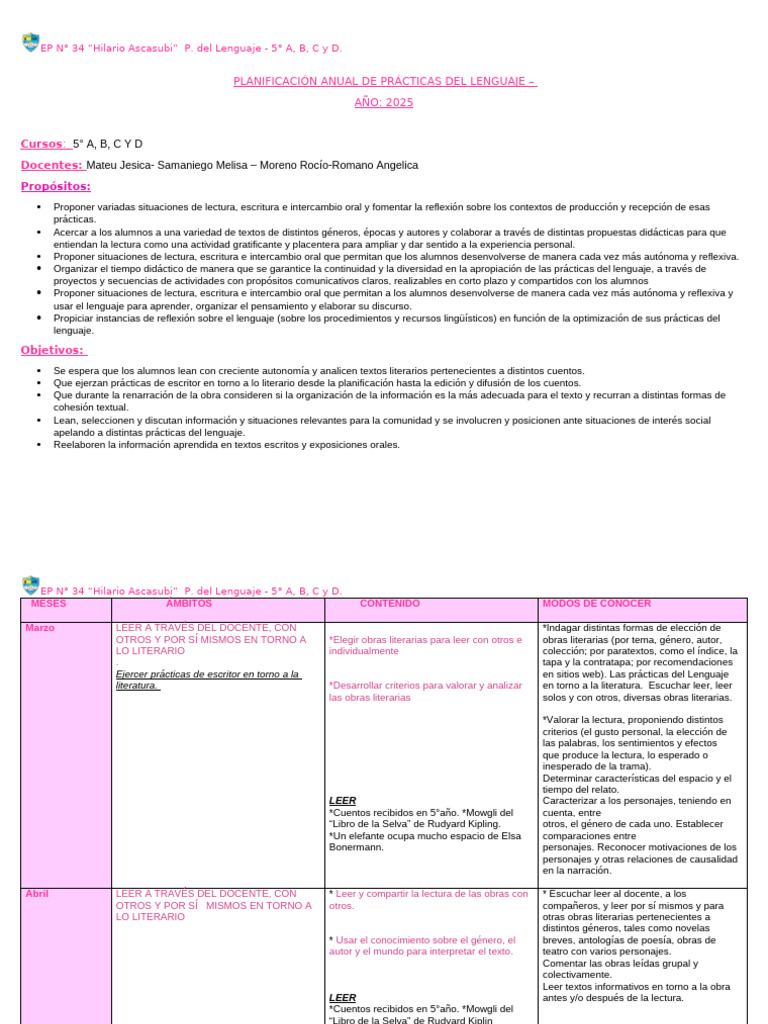 Planificación Anual de PDL - Mateu - Samaniego - Moreno | PDF | Narración | Puntuación