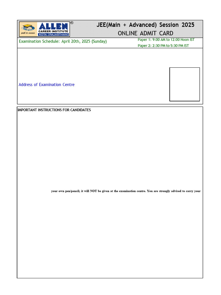 JEE 2025 Online Admit Card Instructions | PDF