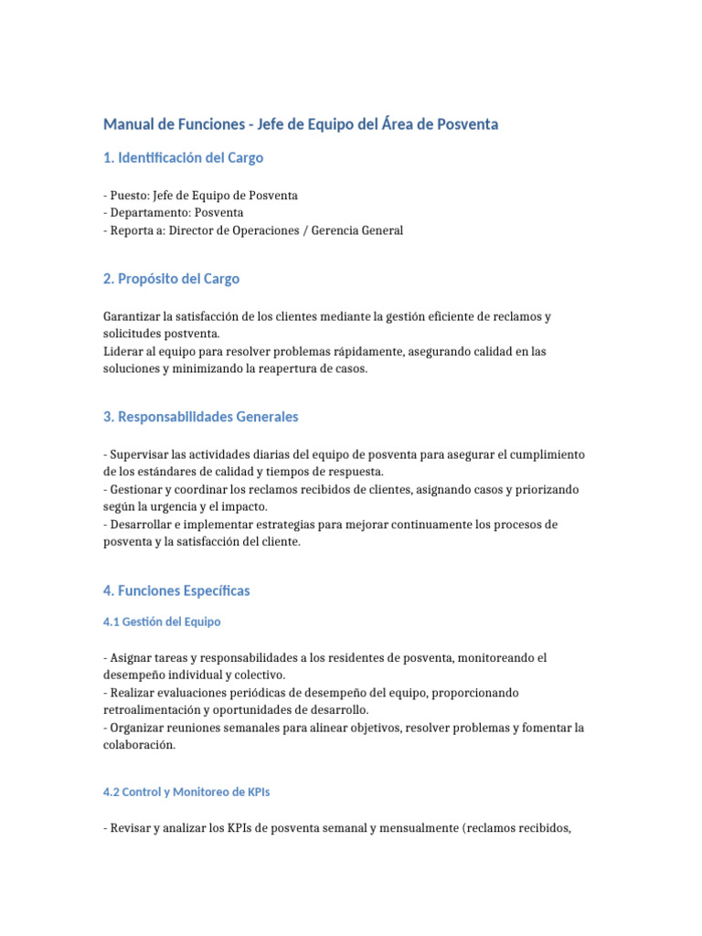 Manual Funciones Jefe Posventa | PDF | Calidad (comercial) | Business