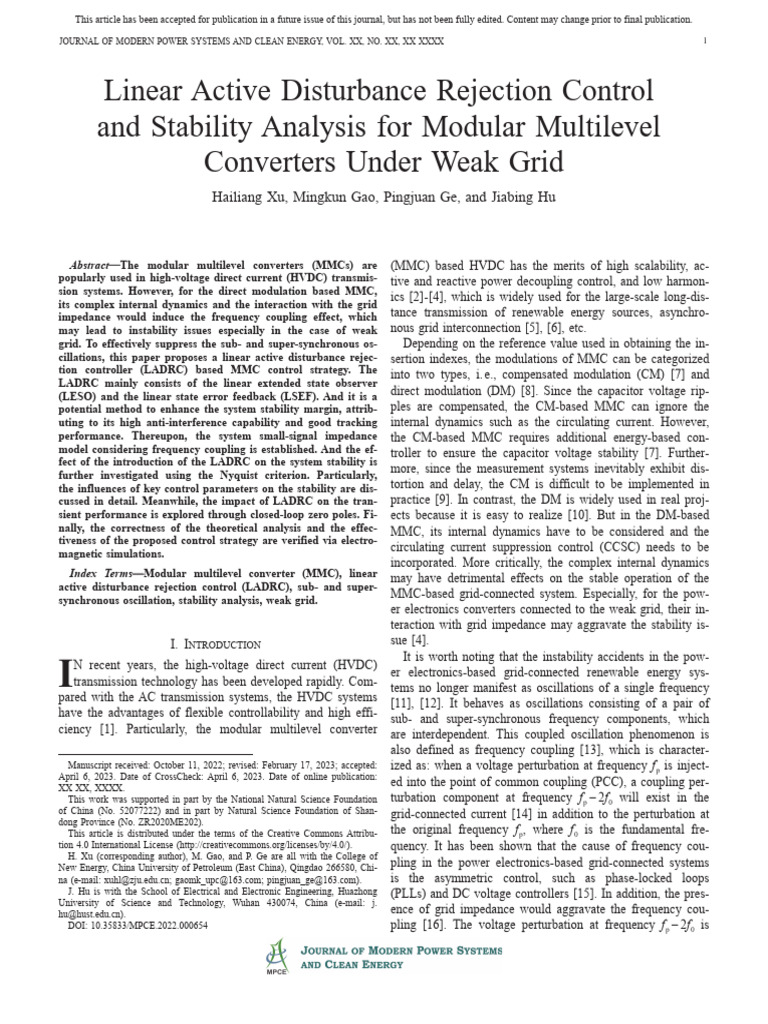 2. Linear Active Disturbance Rejection Control and Stability Analysis for Modular Multilevel ...