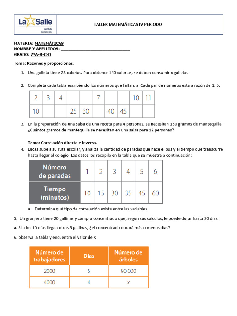 Taller Matemáticas IV Periodo | PDF