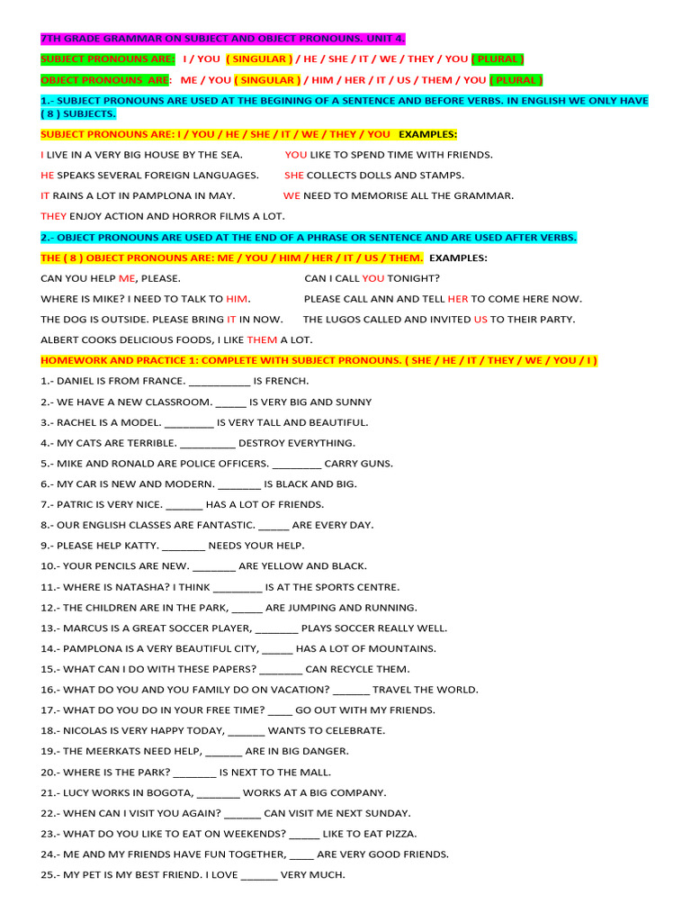 7th Grade Subject and Object Pronouns Guide | PDF | Grammatical Number ...