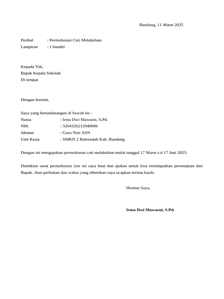 Permohonan Cuti Melahirkan Ybs Irma Dwi | PDF