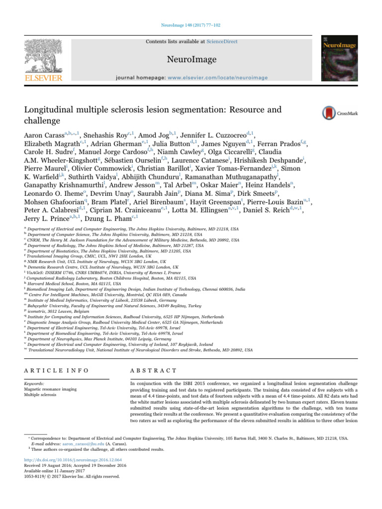 2017 NI Carass Longitudinal Multiple Sclerosis Lesion Segmentation Resource and Challenge | PDF ...