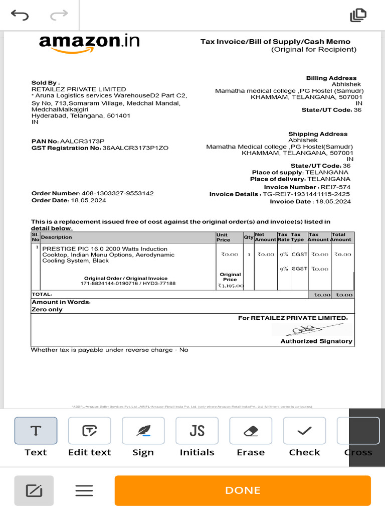 Invoice for Prestige Induction Cooktop | PDF | Invoice | Taxes