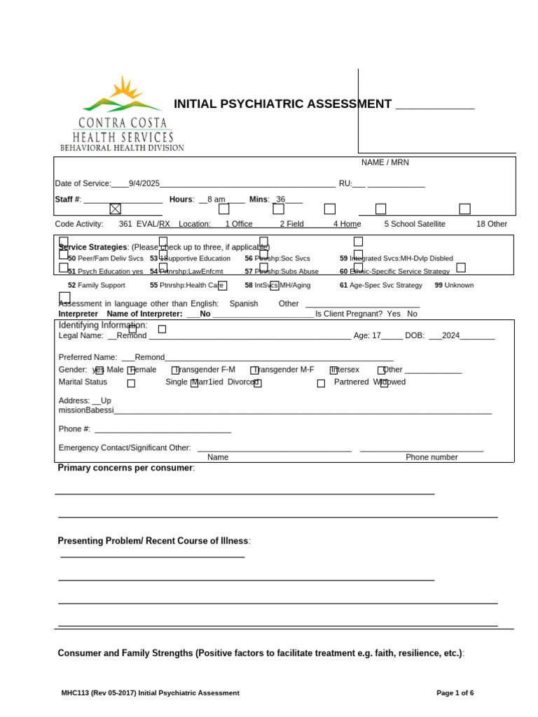 MHC113 Initial Psychiatric Assessment Form 1 | PDF | Substance Abuse | Health Care
