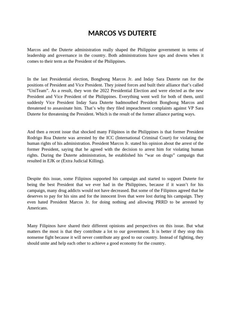 Marcos Vs Duterte Jonel B. Morales ELX 2-N. | PDF
