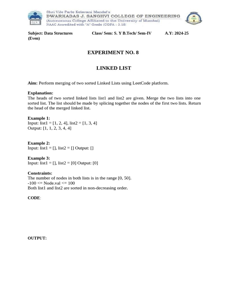 Merge Two Sorted Linked Lists Experiment | PDF
