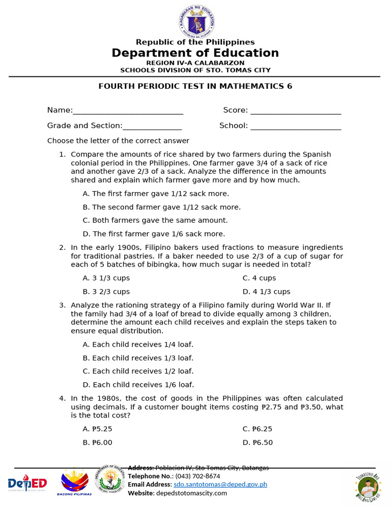 Grade 6 Mathematics 4th Periodical Test | PDF | Odds | Volume