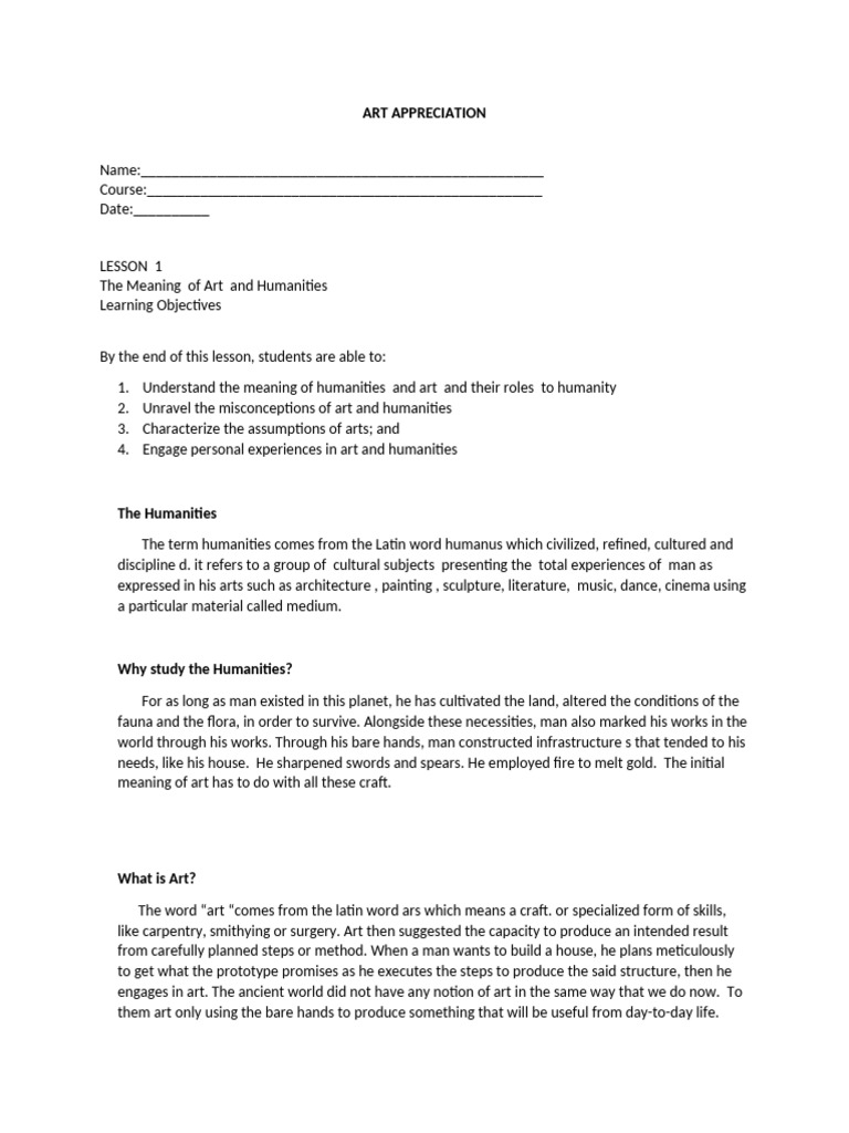 Lesson 1 Art Appreciation | PDF | Experience | Humanities