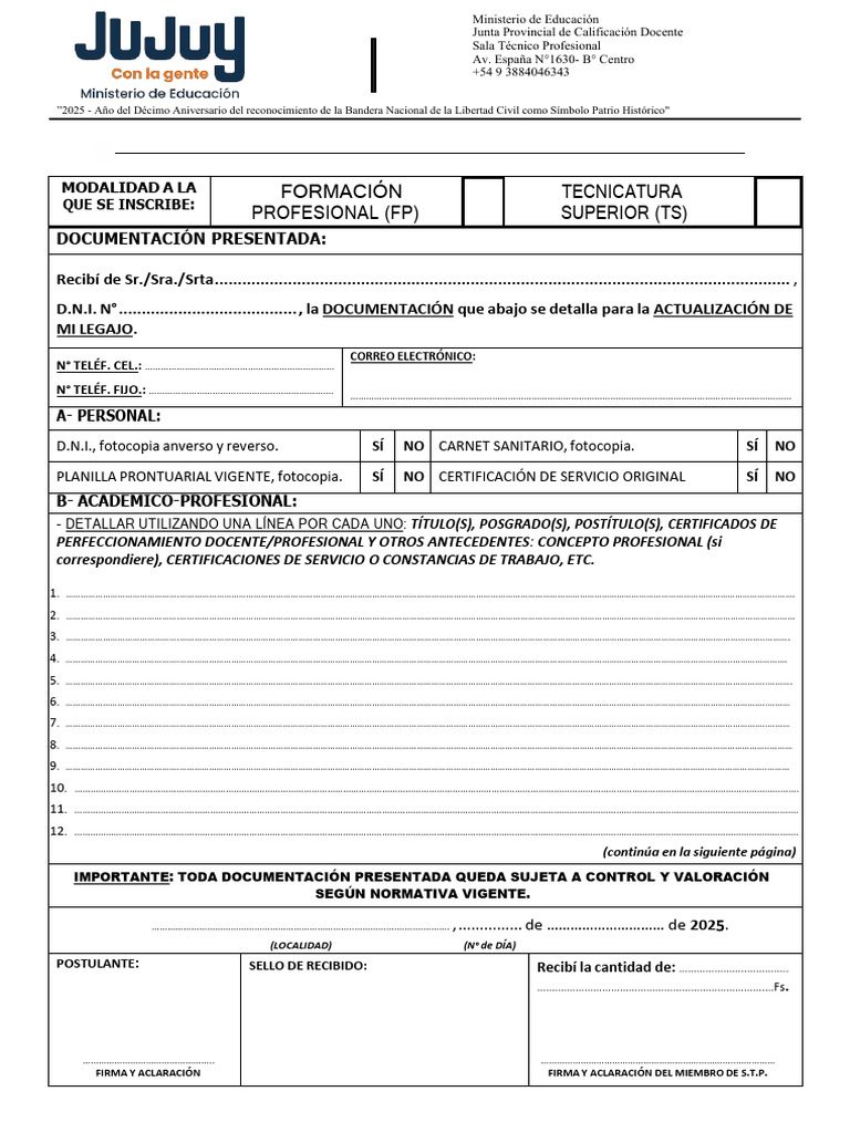 Formulario Actualización de Legajo 2025 TS FP Tsa | PDF