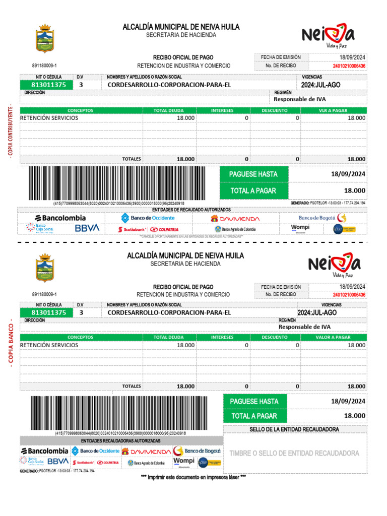Recibo Oficial de Pago ICA 2024 | PDF