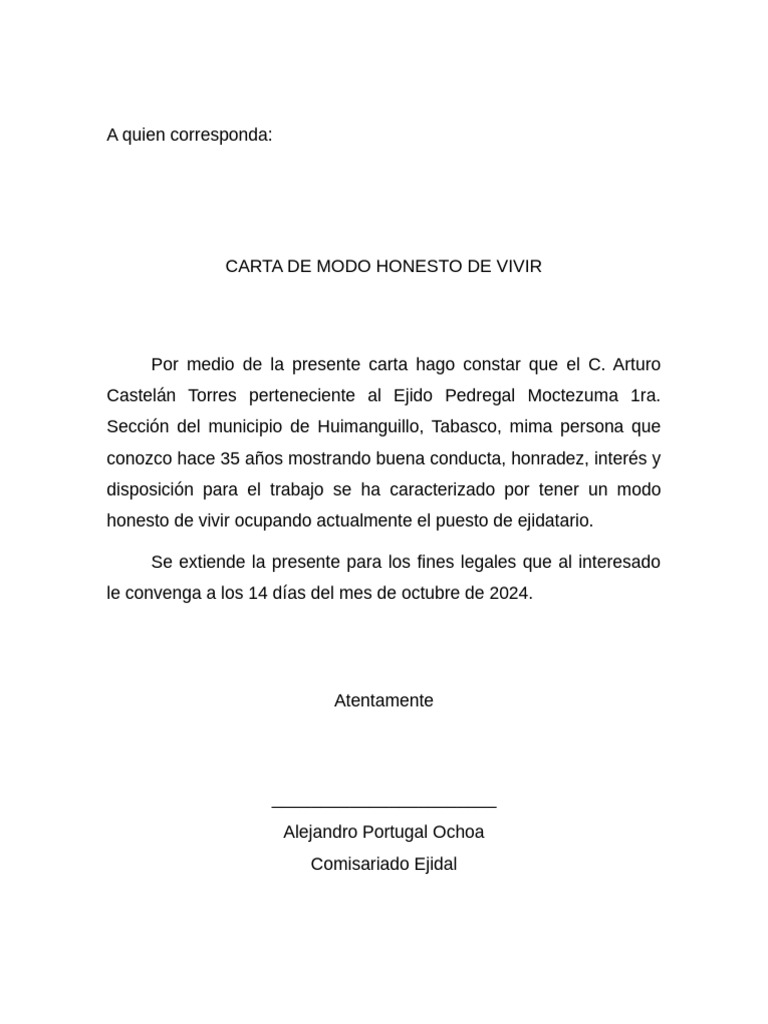 Modo Honesto de Vivir Carta | PDF