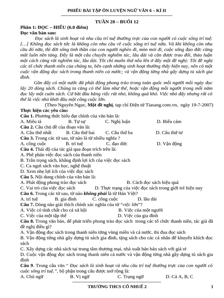 PBT ÔN LUYỆN VĂN 6. T28. KÌ 2 | PDF
