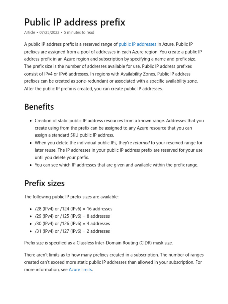 Choose When To Use A Public Ip Address Prefix Pdf Ip Address Computer Networking