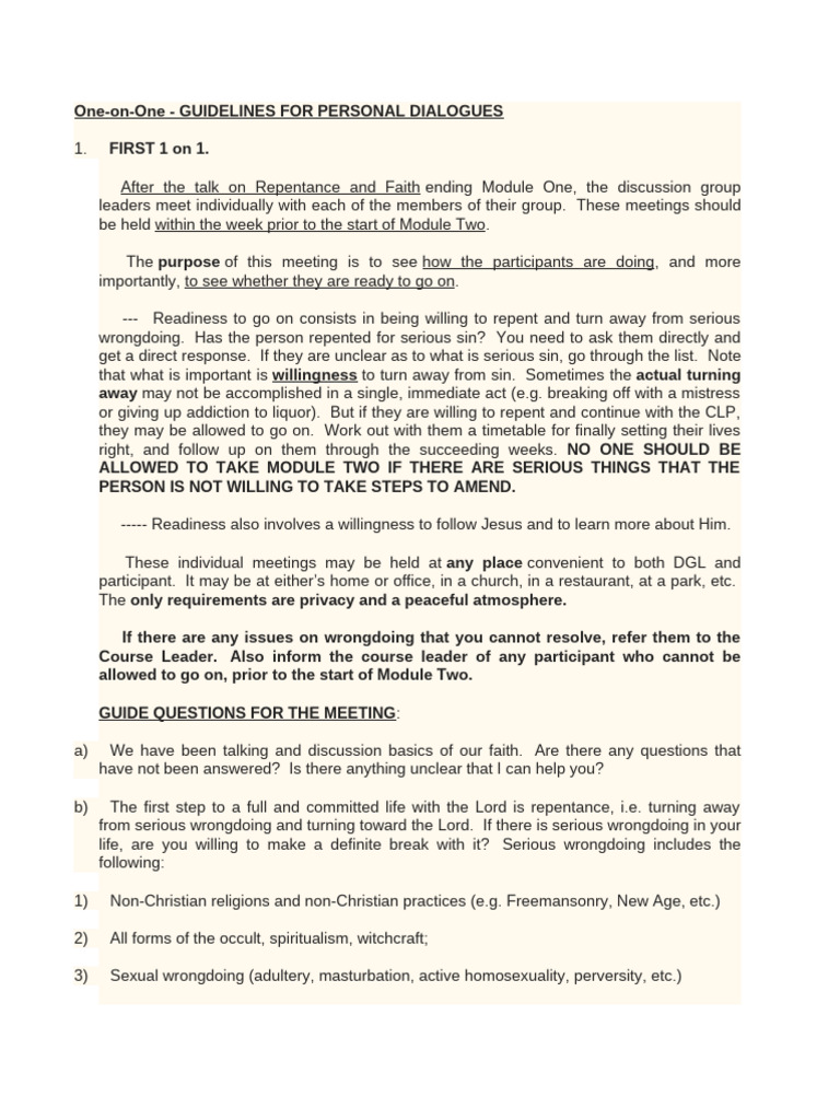 One-on-One Meeting Guidelines for Faith | PDF | Confession (Religion ...