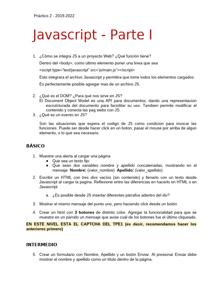Practico 02 - Javascript Parte I | PDF | Script Java | Modelo de objeto de documento