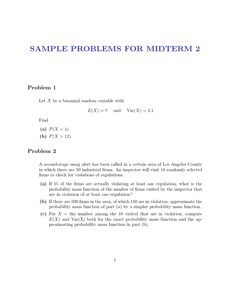 SampleMidterm2QuestionsForMTH4300 | PDF | Poisson Distribution | Teaching Mathematics
