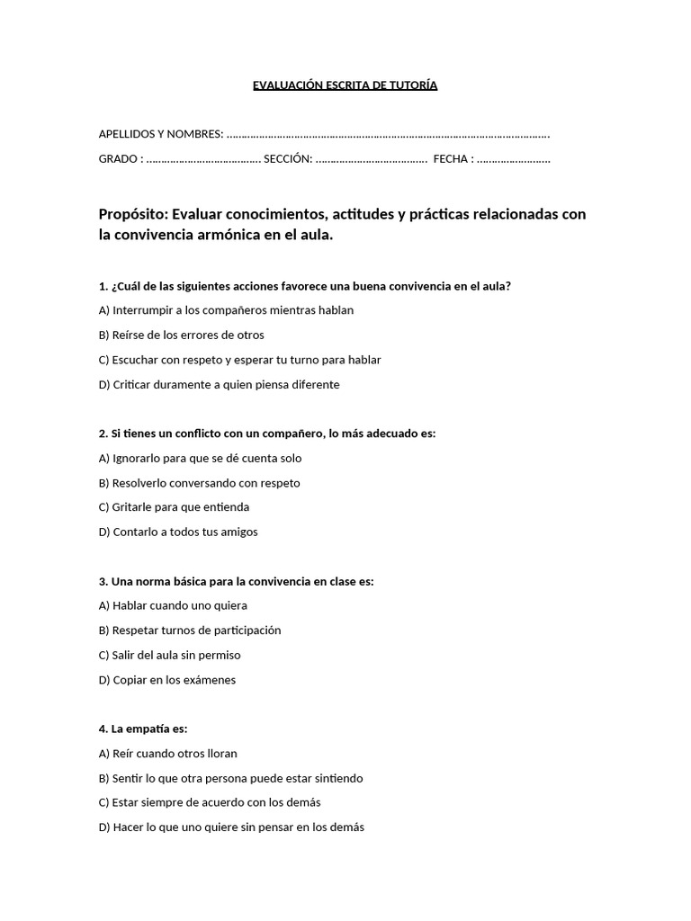 Evaluación Escrita de Tutoría | PDF