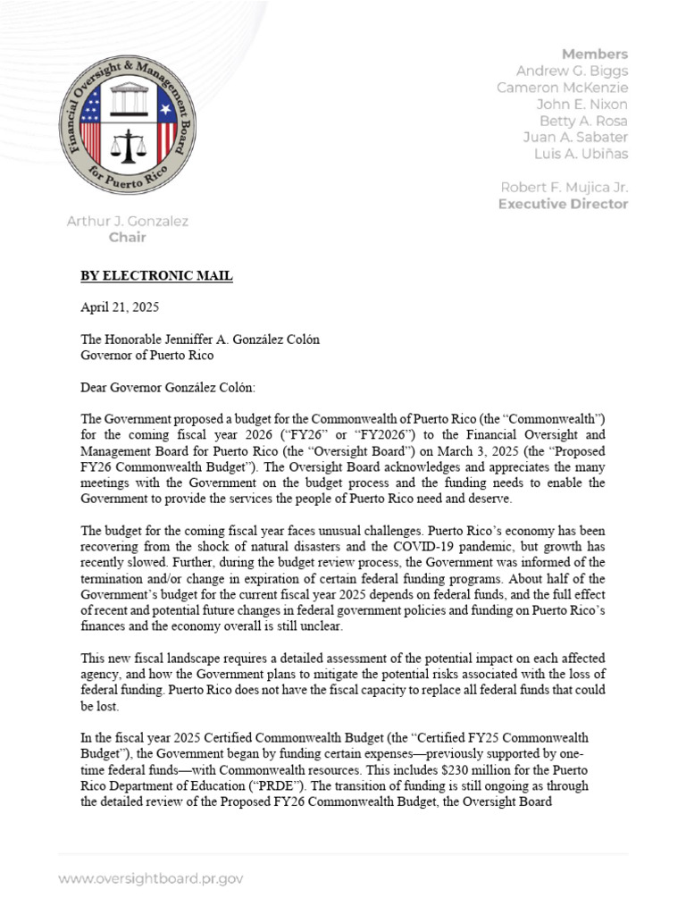 FOMB - Letter - Governor - Commonwealth FY26 Budget NoV - April 21, 2025 | PDF | Budget | Office ...