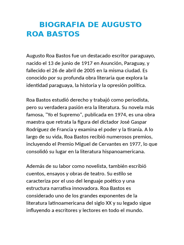 Biografía de Augusto Roa Bastos | PDF