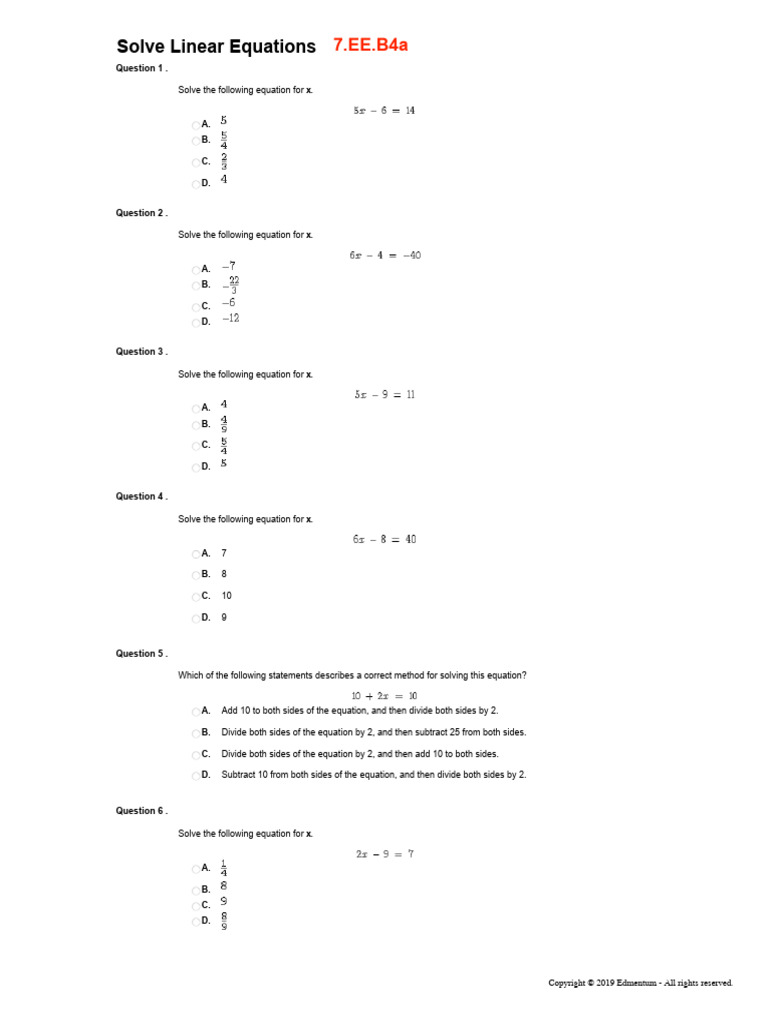 7.EE.B4a - Equations - Solve Linear | PDF | All Rights Reserved | Equations