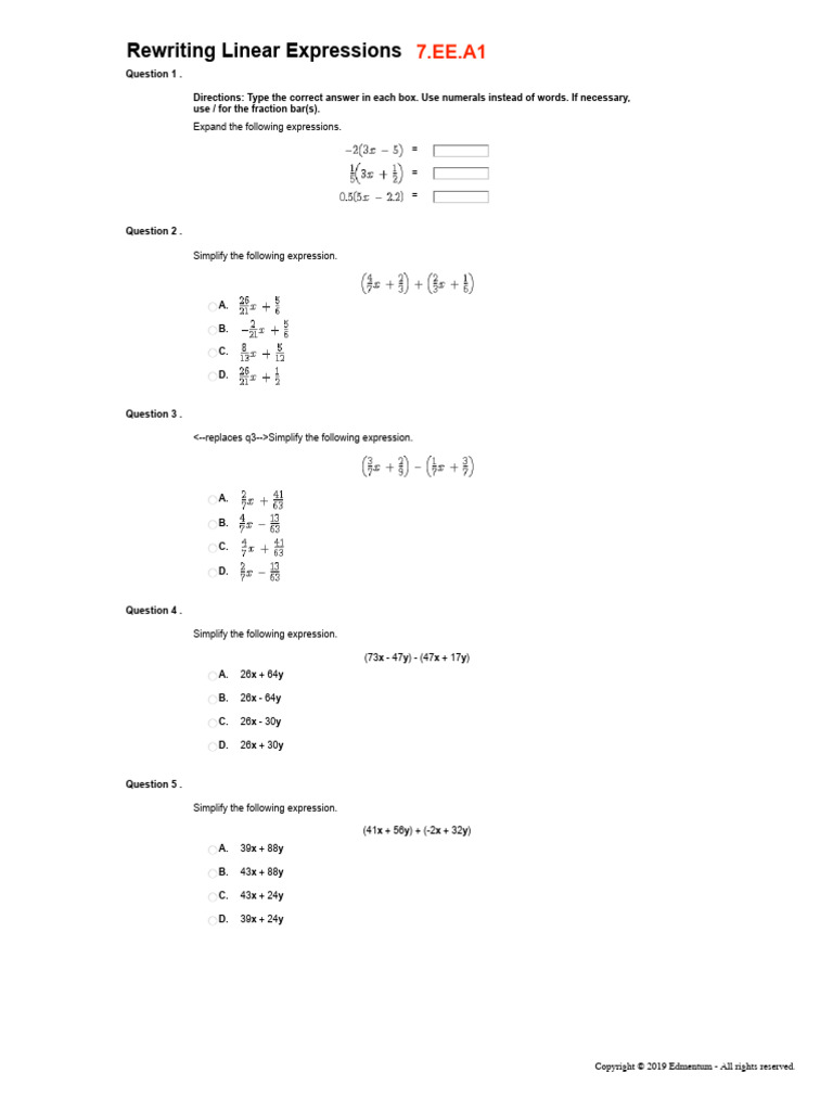 7.EE.A1_Expressions_Rewrite Linear | PDF | All Rights Reserved ...