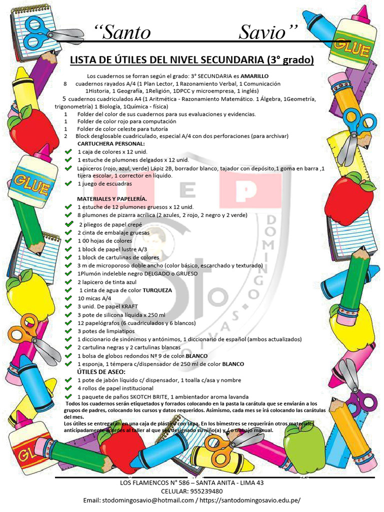 Útiles Escolares 3° Secundaria Santo Domingo Savio | PDF | Color ...