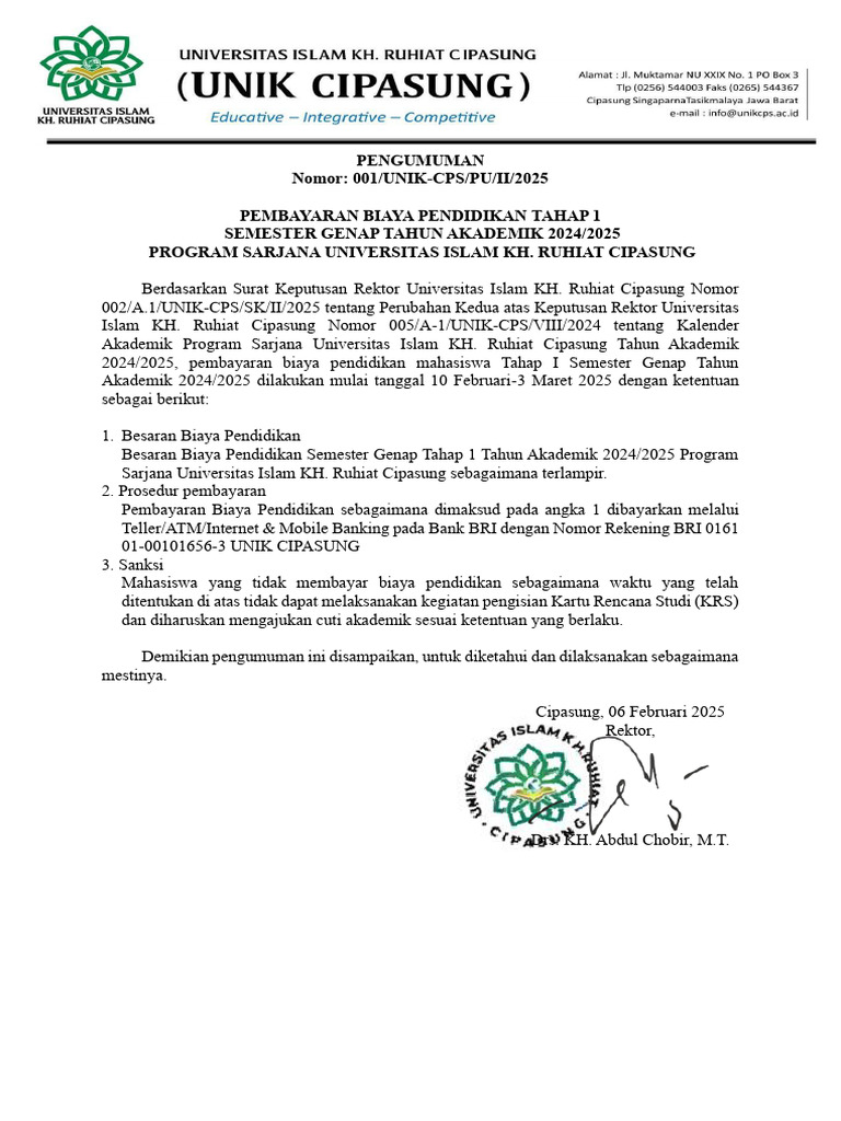 PENGUMUMAN Pembayaran Biaya Pendidikan Semester Genap Tahap 1 TA 2024-2025 Revisi | PDF