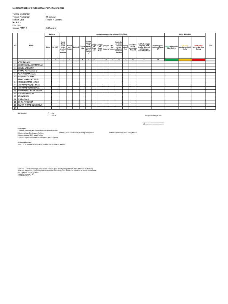 Lembaran screening POPM Kecacingan tahun 2023 MI SOMANG | PDF