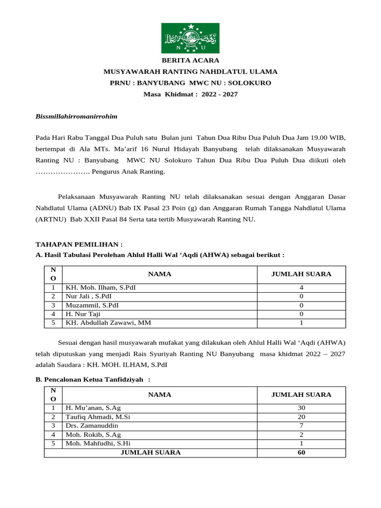 Berita Acara Musyawarah Ranting Nu | PDF