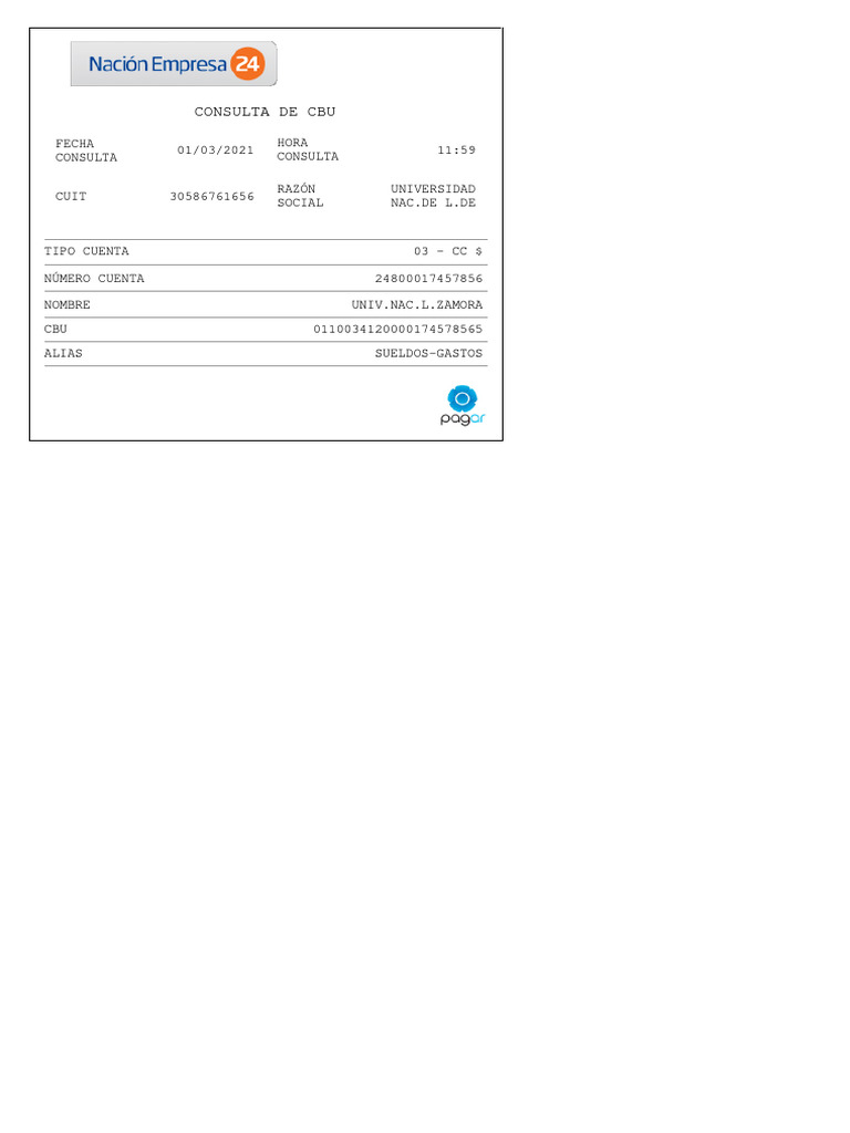 Consulta CBU Universidad Nacional | PDF