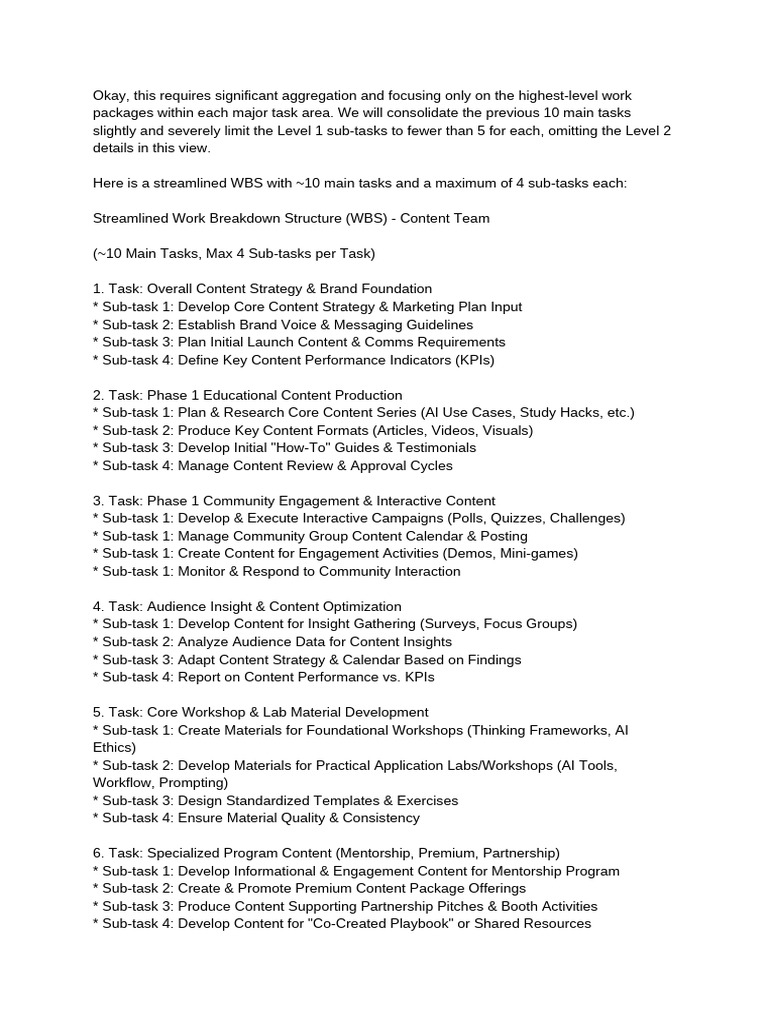 Work Breakdown Structure (WBS) - Content Team | PDF | Information Technology | Computing