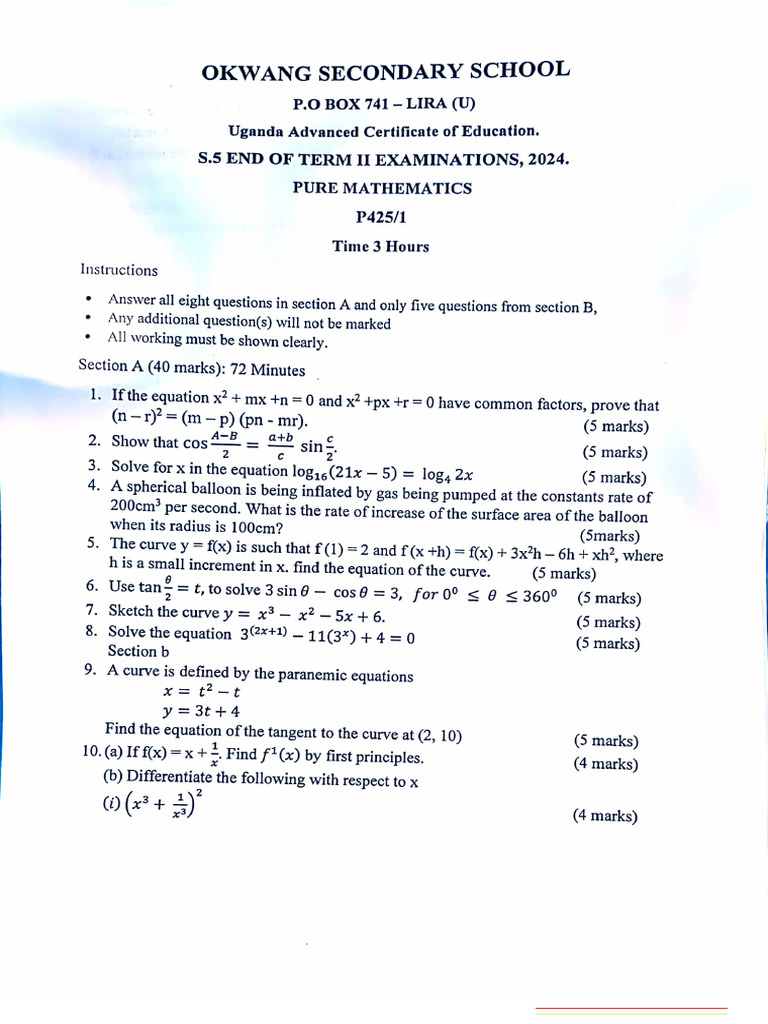 EOT II PURE MATHS | PDF