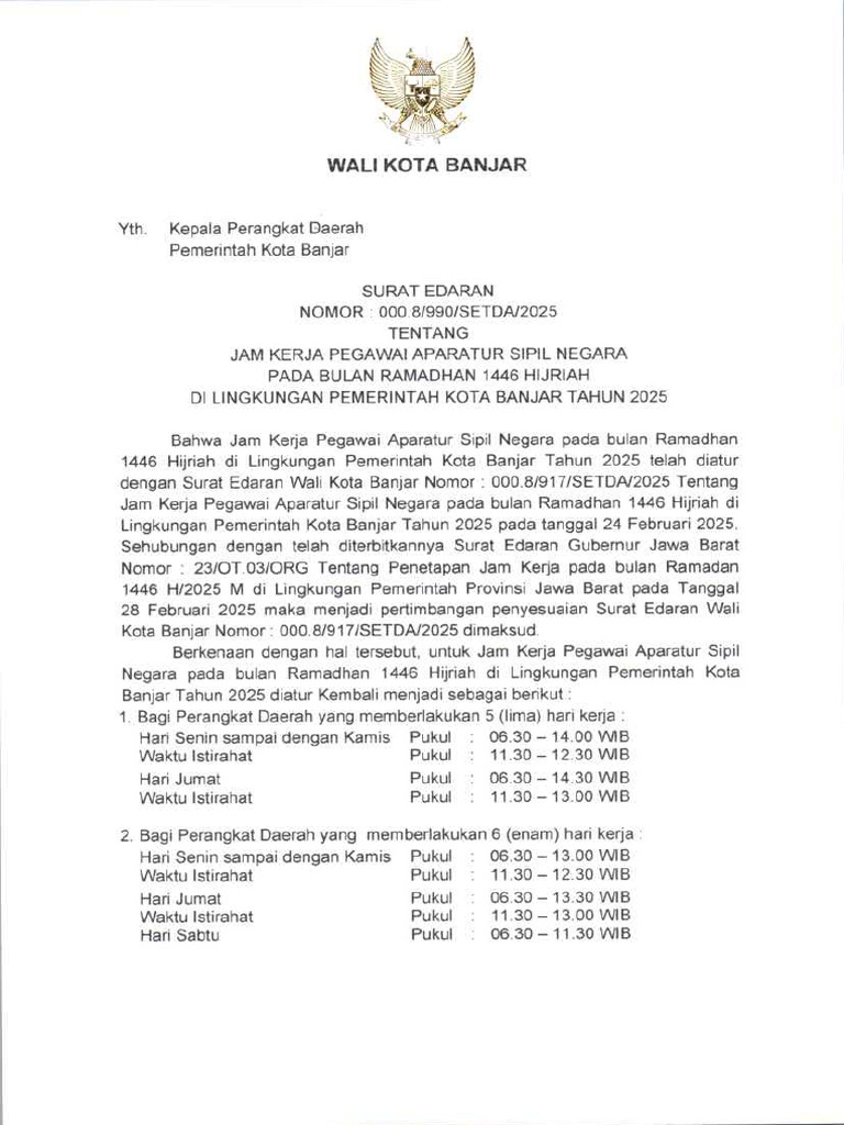 Surat Edaran TTG Jam Kerja Pegawai Asn Pada Bulan Ramadhan 1446 Hijriah Di Lingkungan Pemkot ...