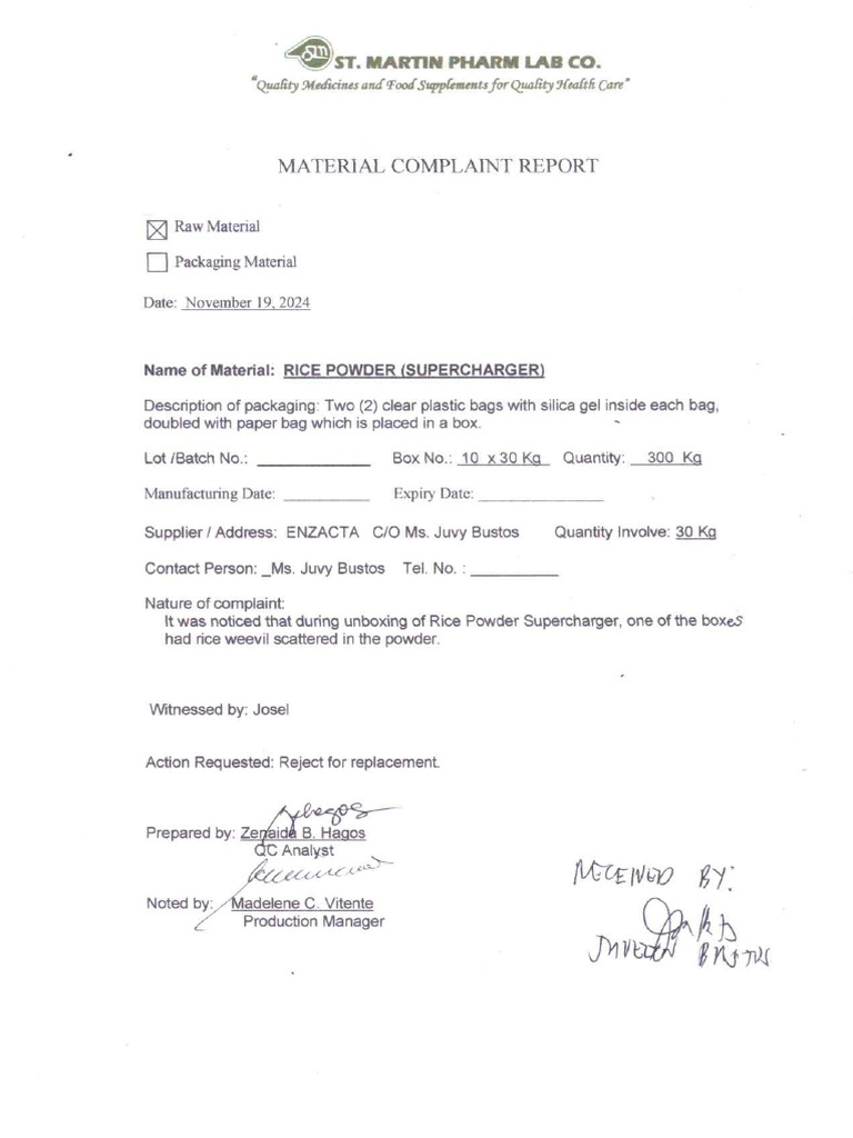 Material Complaint Report | PDF