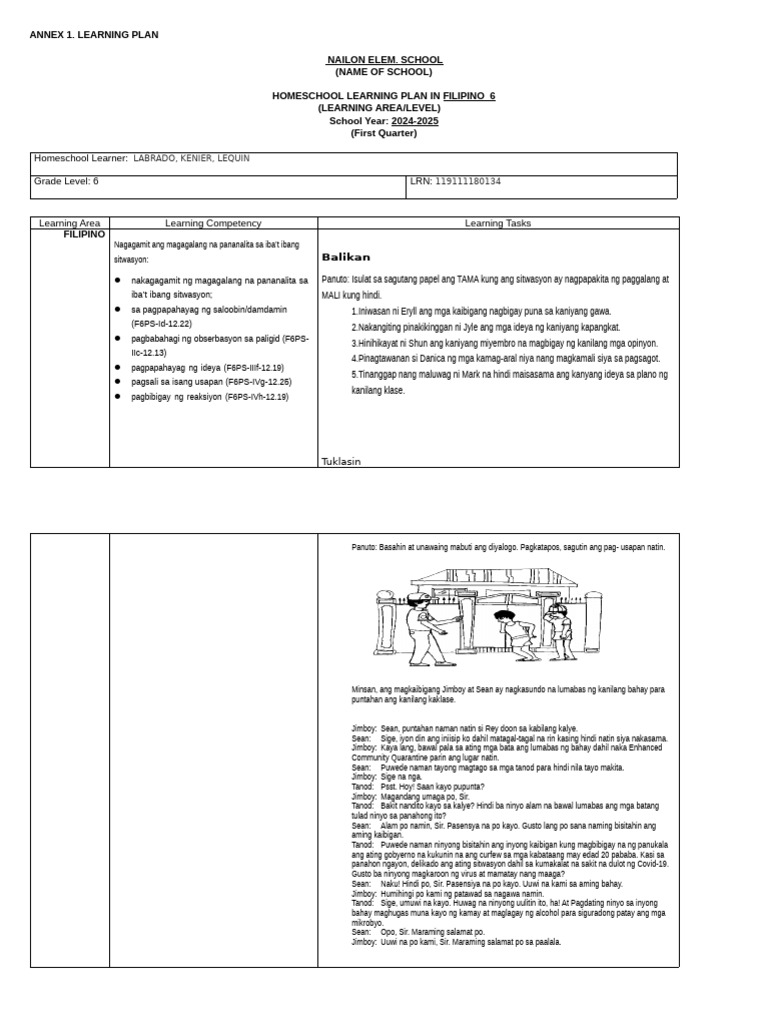 Annex-1 - HOMESCHOOLING-LEARNING-PLAN - Template-1-Nailon Elem - School | PDF