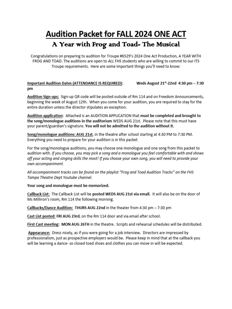 Audition Packet For FALL 2024 ONE ACT | PDF | Audition