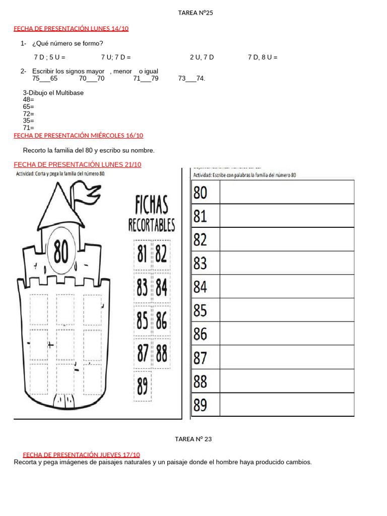 2024-10-12 - INSTITUTO MODELO - Matematica - TAREA #25 MAT. 1 GRADO | PDF