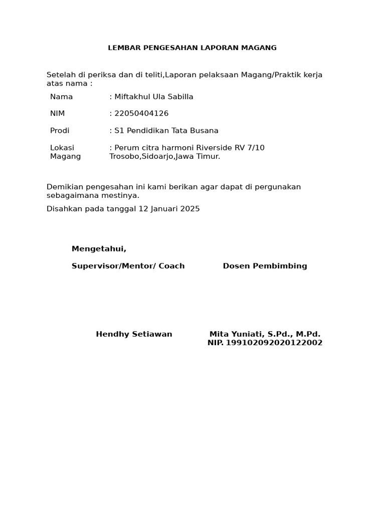 Lembar Pengesahan Laporan Magang | PDF
